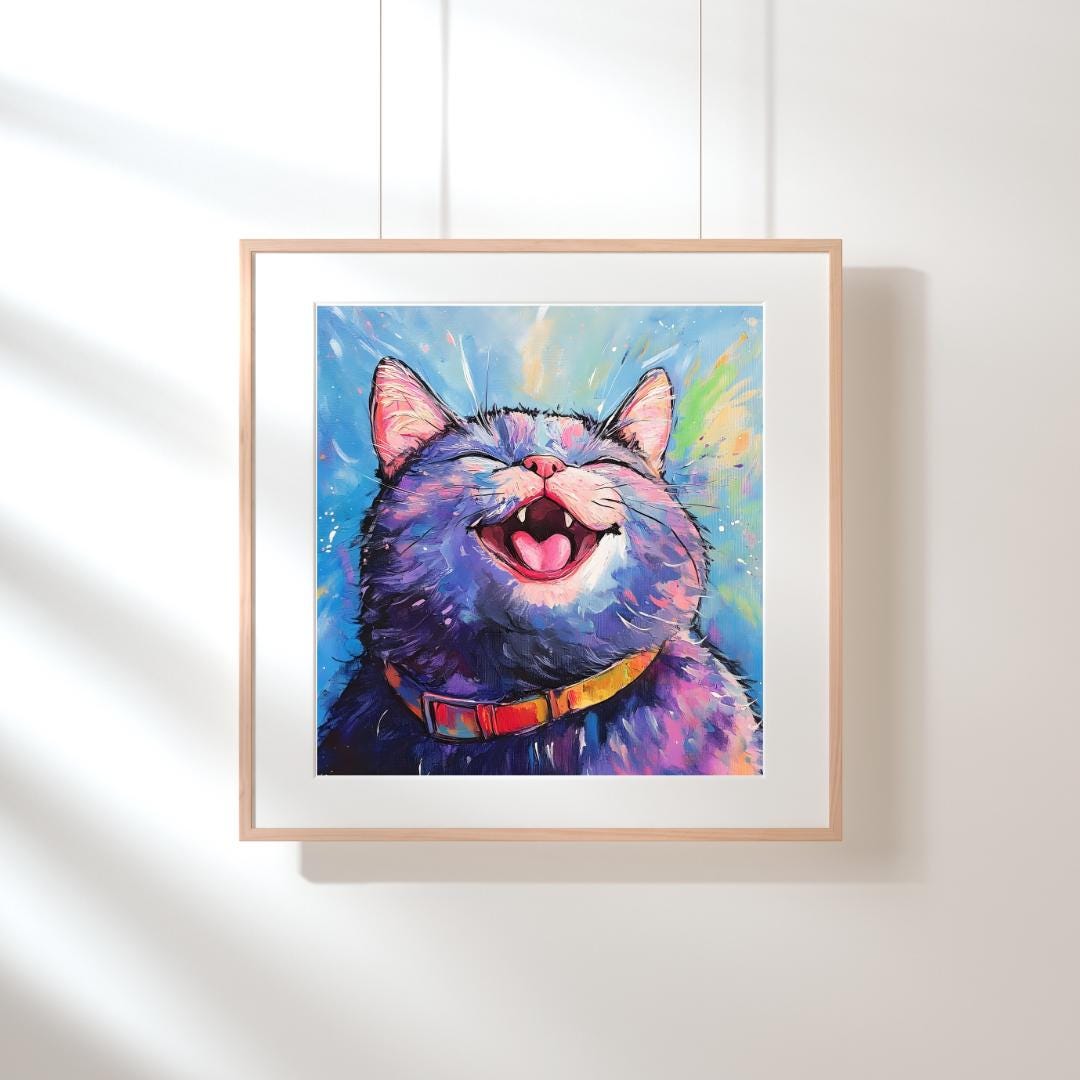 Colorful Happy Cat Printable Wall Art | Vibrant Pop Art Cat Painting ...
