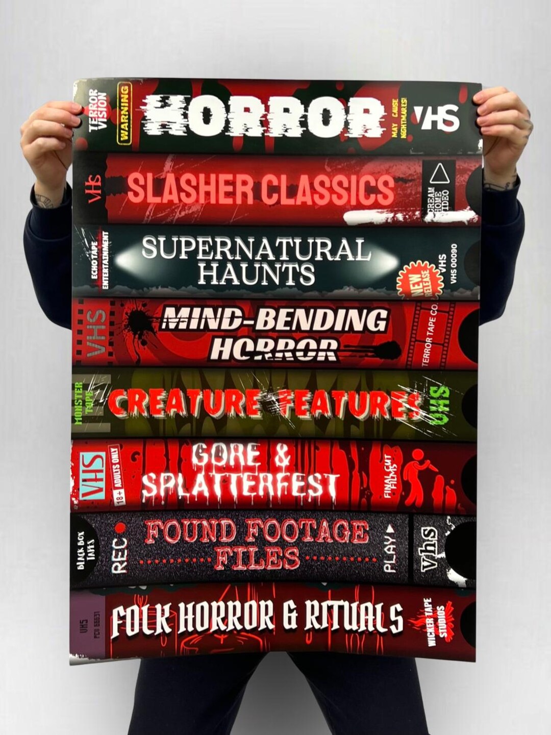 Retro Horror VHS Poster – Vintage Movie Tape Stack – Slasher Film Art ...
