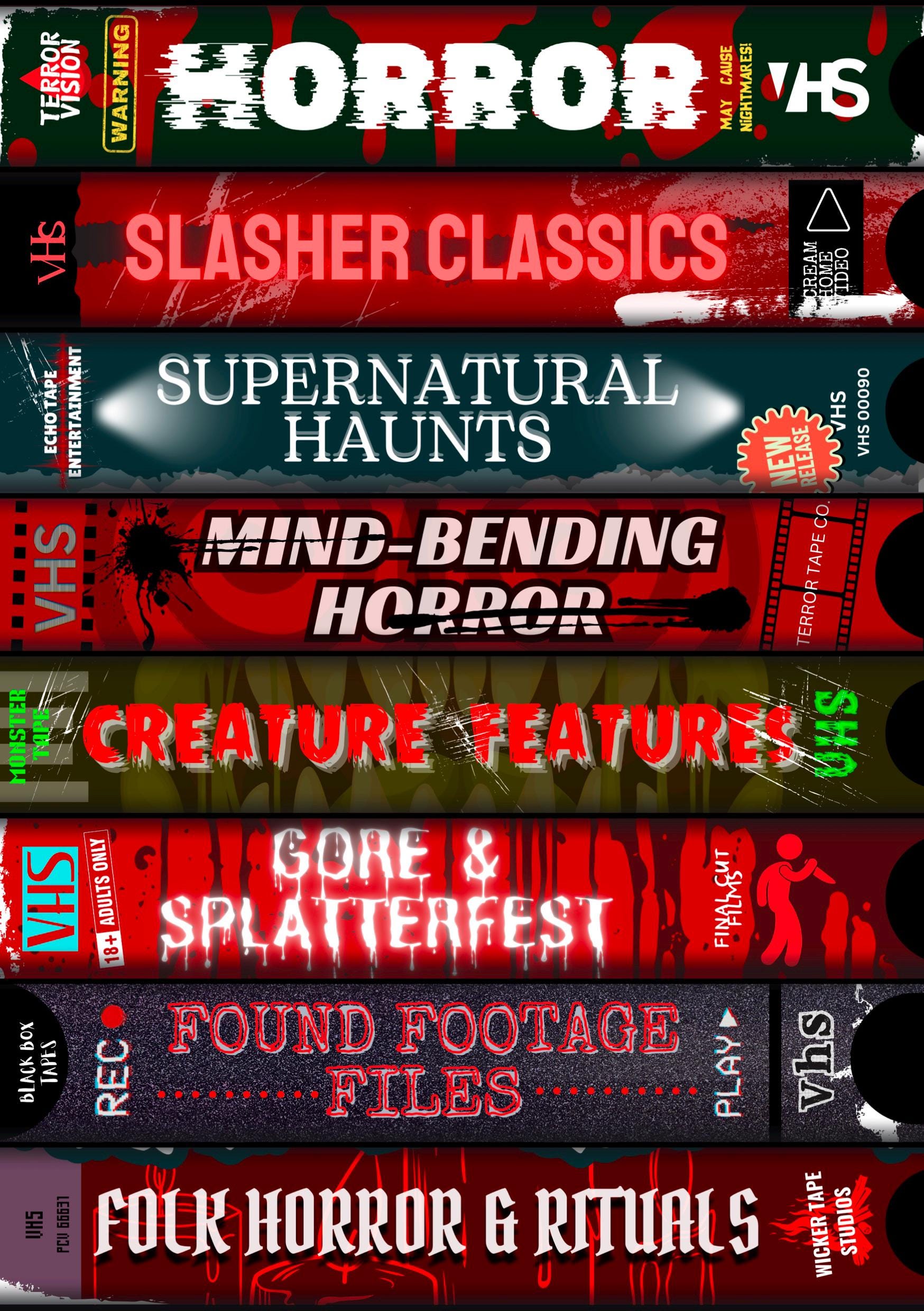 Retro Horror VHS Poster – Vintage Movie Tape Stack – Slasher Film Art ...