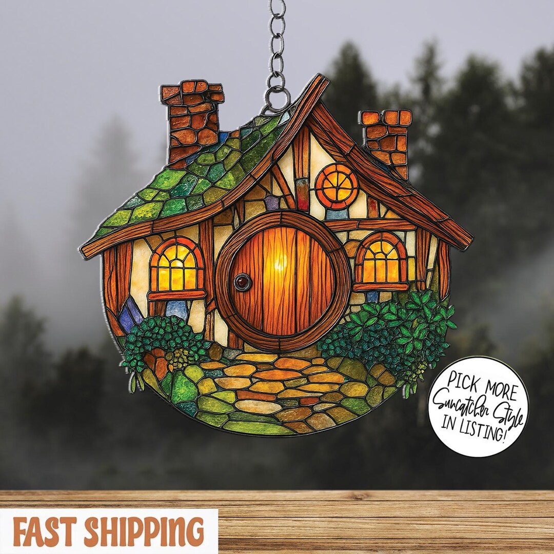 Hobbit House Acrylic Suncatcher, Faux Stained Glass Shire Window Art ...