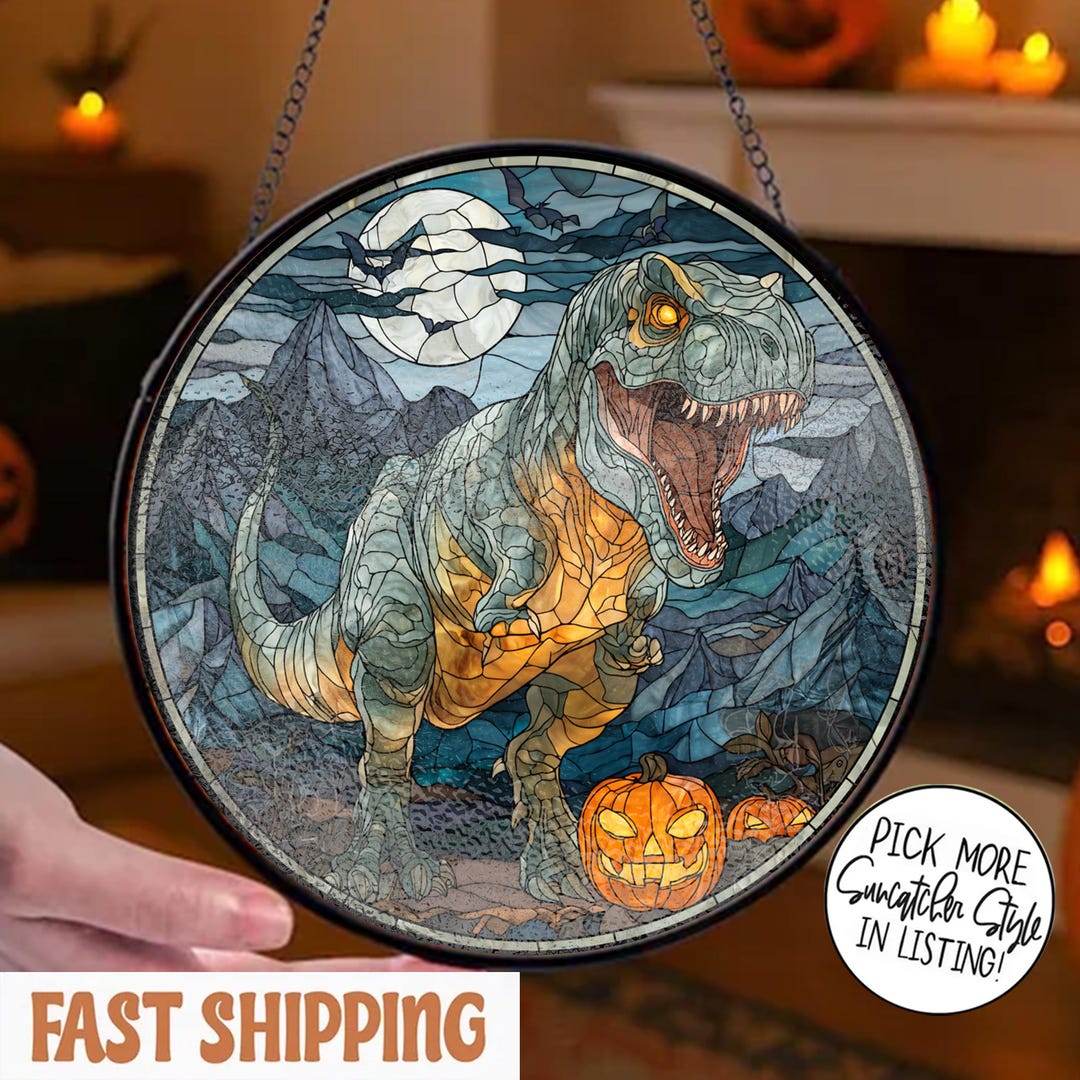 T-rex Suncatcher, Faux Stained Glass Dinosaur Window Hanging, Fierce ...