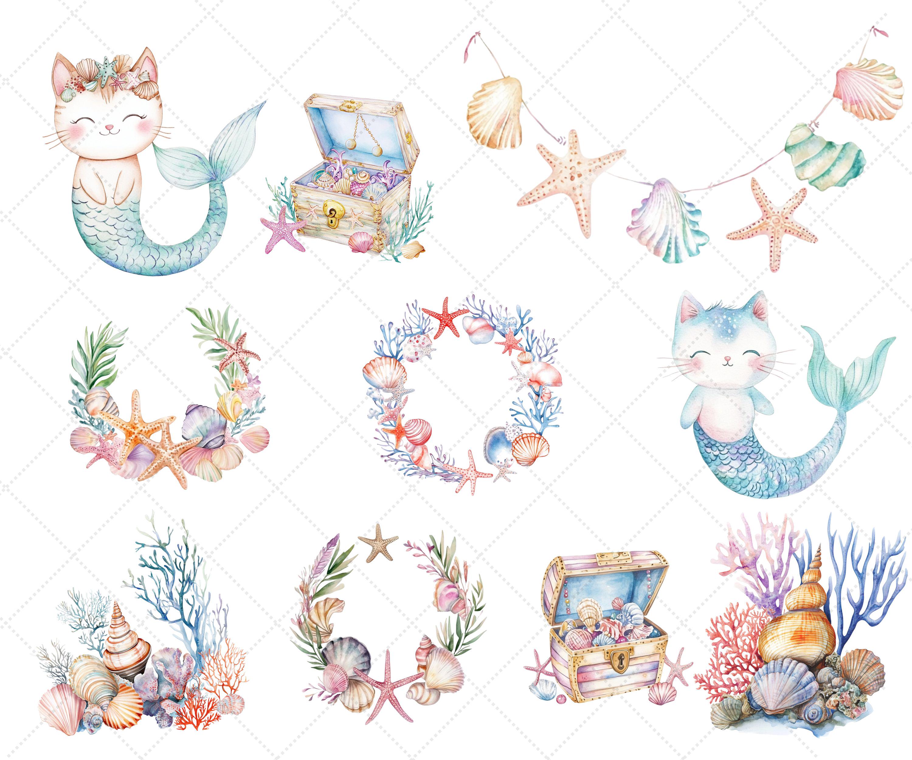 Mermaid Watercolor Clipart, Cute Mermaid Clipart, Under the Sea ...