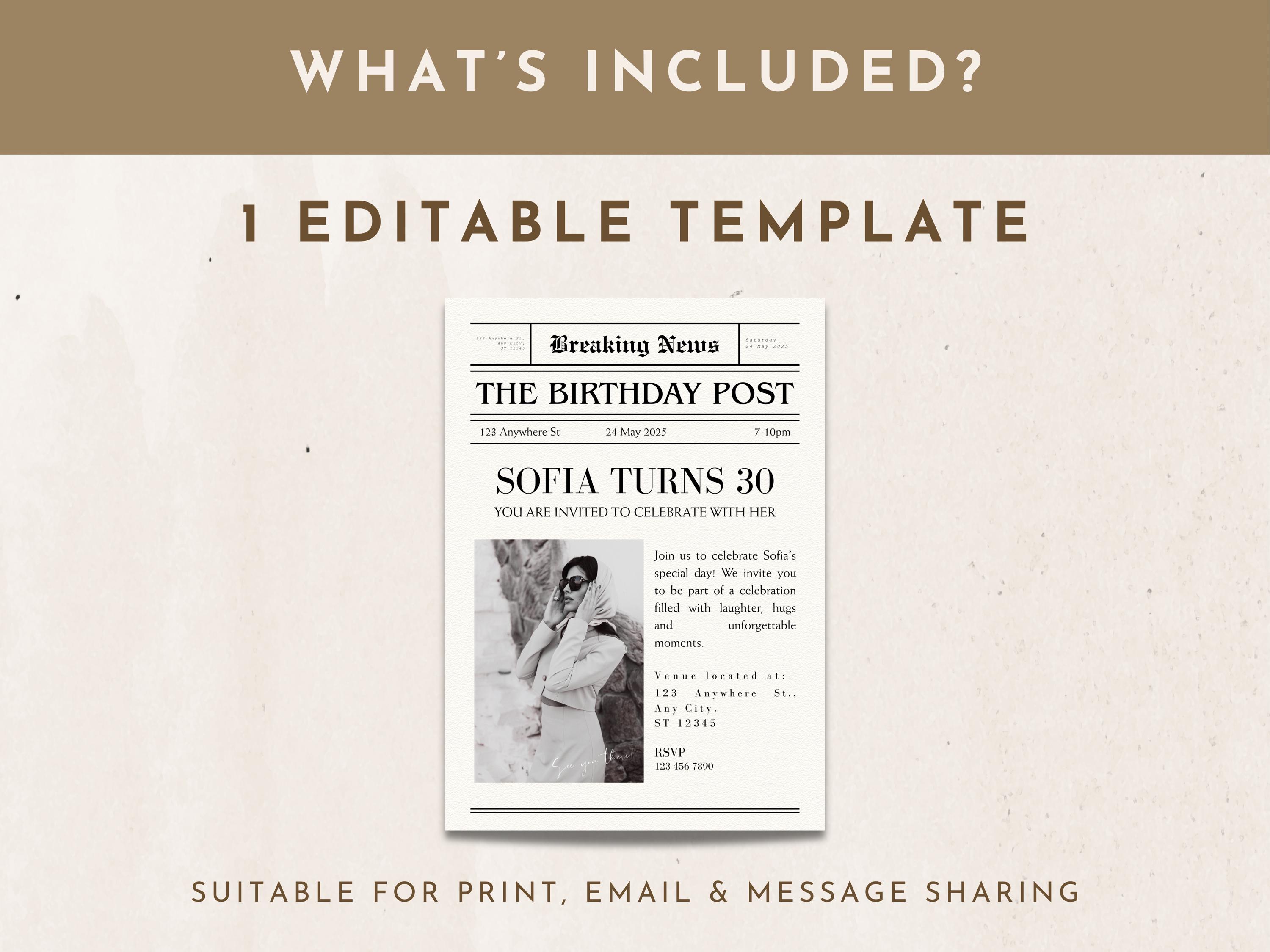 Editable Newspaper Birthday Invitation: Retro "breaking News" Template ...