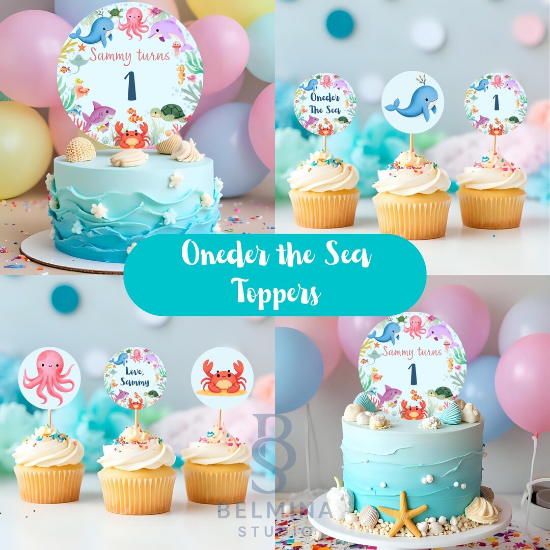 Oneder the Sea Cake Toppers: Ocean 1st Birthday, Editable Canva ...
