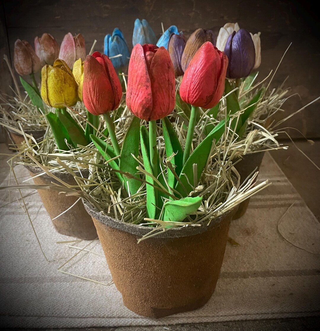 Large Primitive Grunged Faux Tulips in Pot 8x6 Red, White, Pink, Yellow ...