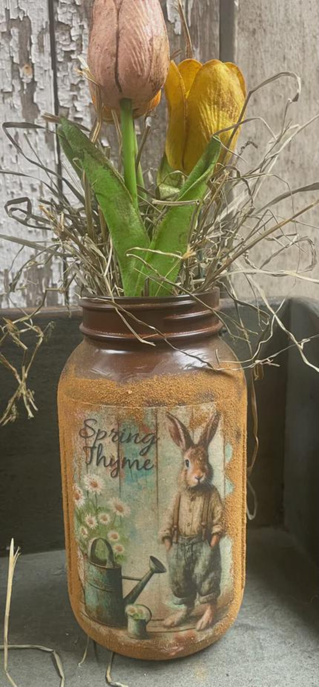 Primitive Spring Tulip Jar With Picture 12x4 - Etsy