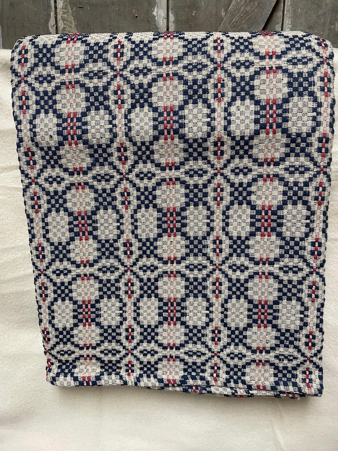 Primitive Coverlet 52 Inch Table Square Blue/tan/red - Etsy