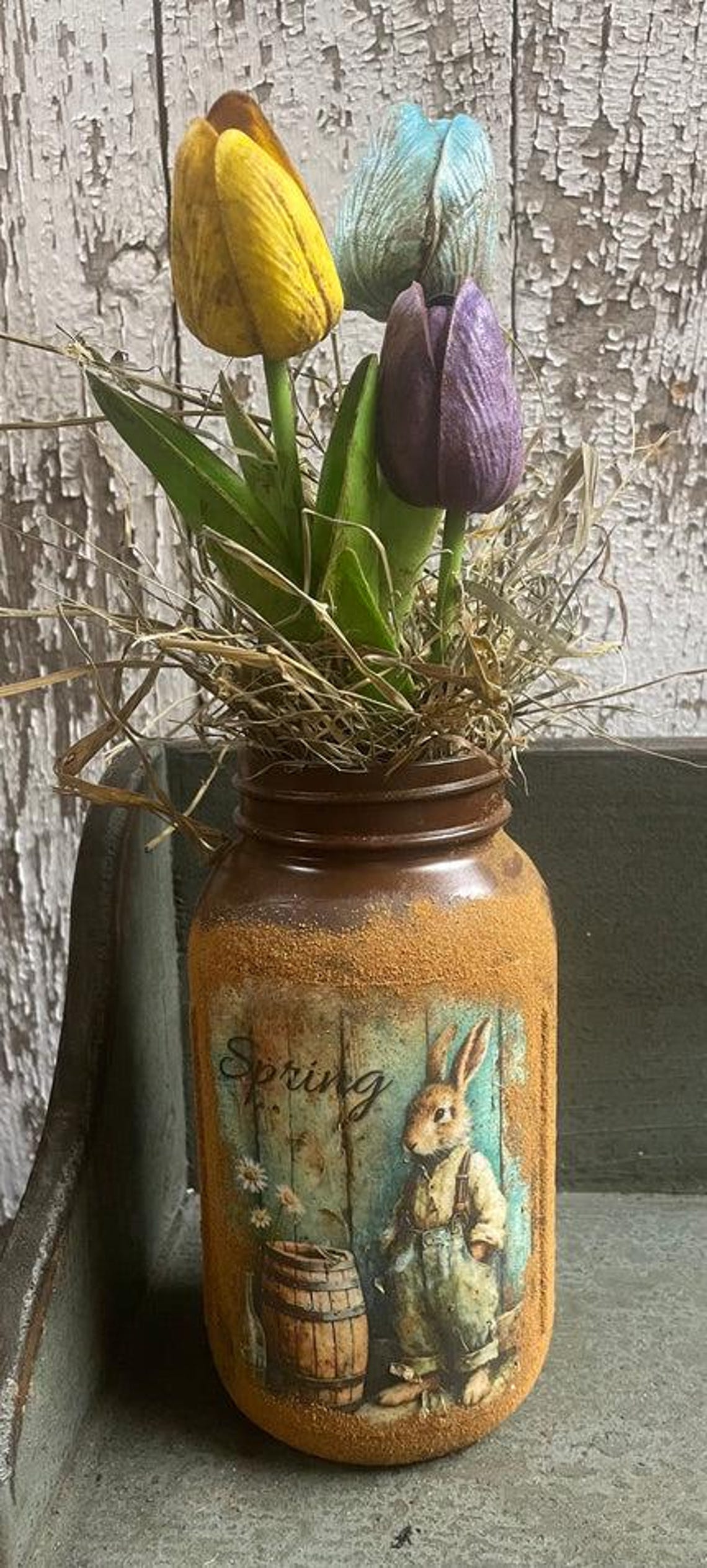 Primitive Spring Tulip Jar With Picture 12x4 - Etsy