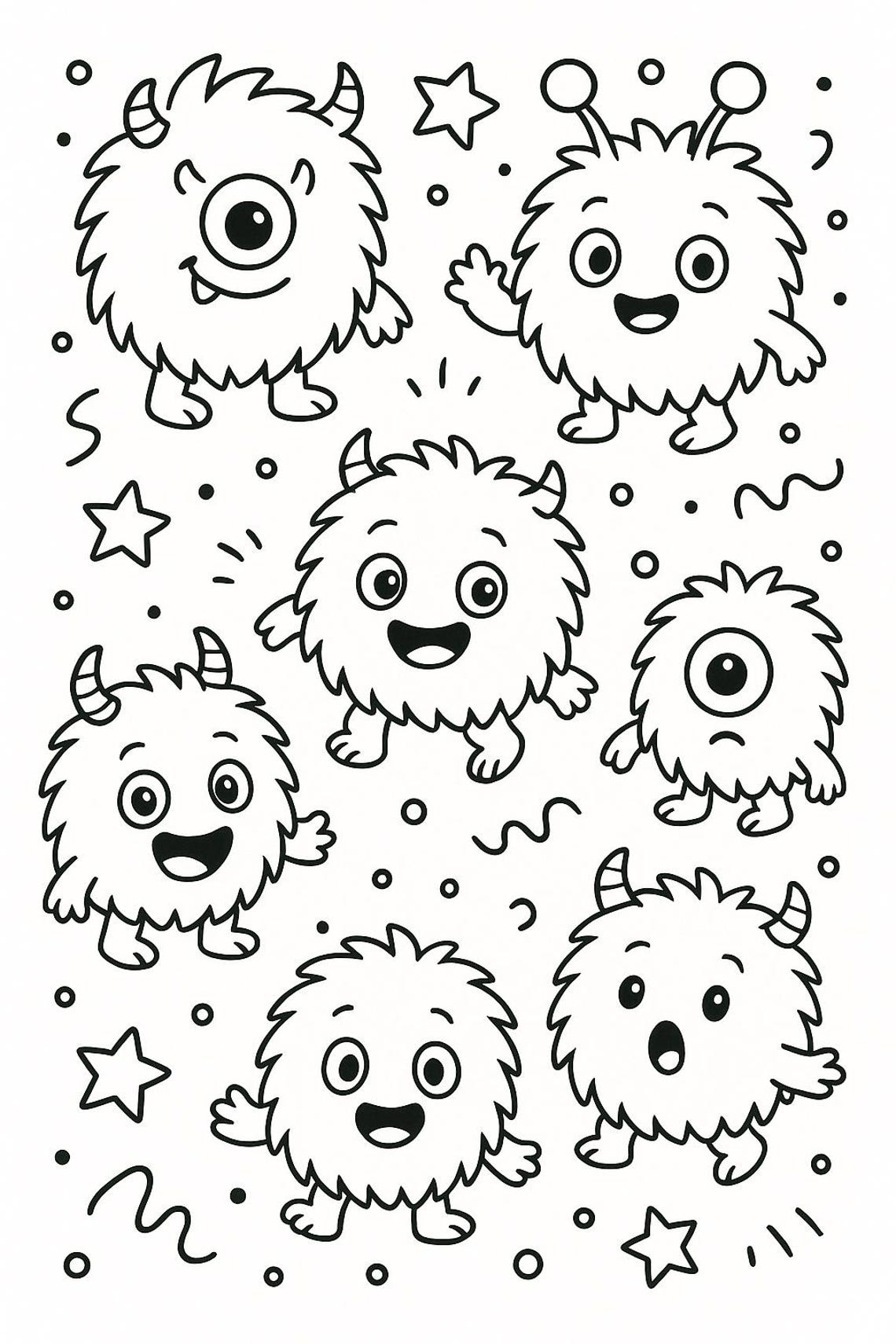 Children's Coloring Page With Fluffy Happy Monsters - Etsy