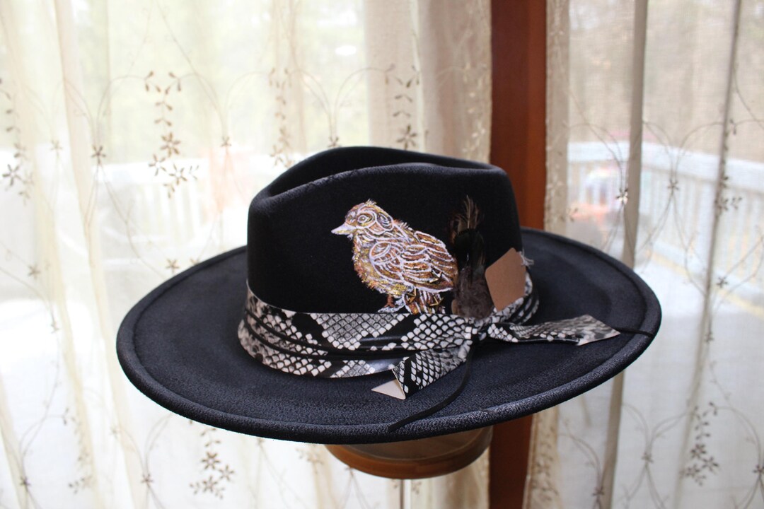 Hand Painted Gold Bird, Black Felt Fedora With Detailed Fabric Bands ...