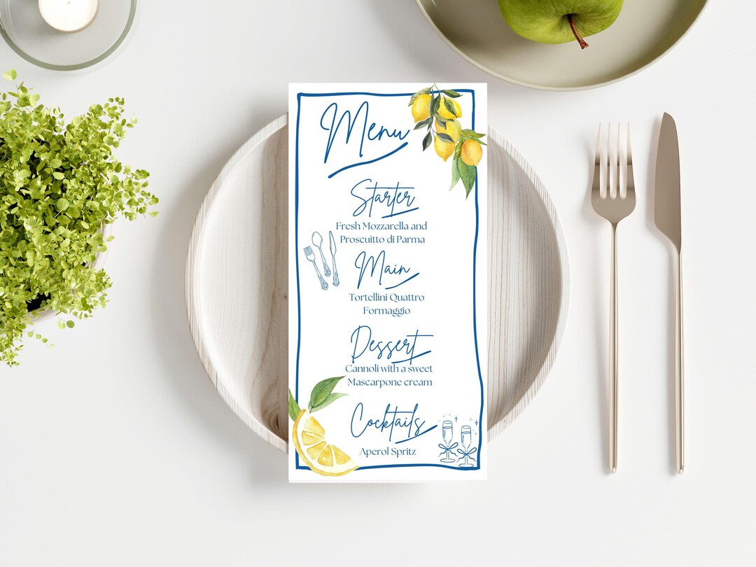 Amalfi Menu | Digital Template | Editable | Dinner Party Menu | Modern ...