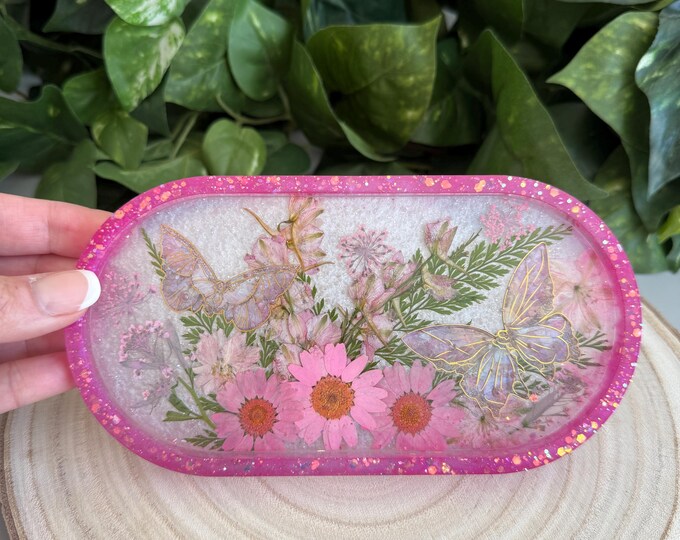 Pink Tray With Real Flowers & Iridescent Butterflies | Floral Vanity Tray | Mother Gift ...