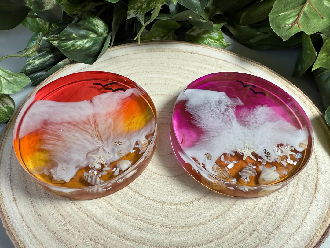 Beach Sunset Resin Coaster With Real Sea Shells Starfish | Ocean Wave ...