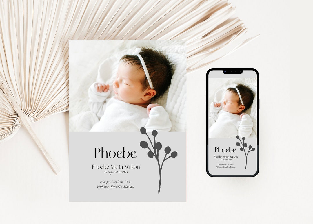 Birth Announcement Card With Photo | Custom, Modern Baby Boy, Baby Girl ...