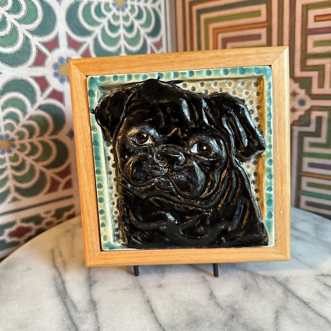 Tile Box - Black Pug Dog Ceramic Tile Set in a Wooden Box - Two Parts ...