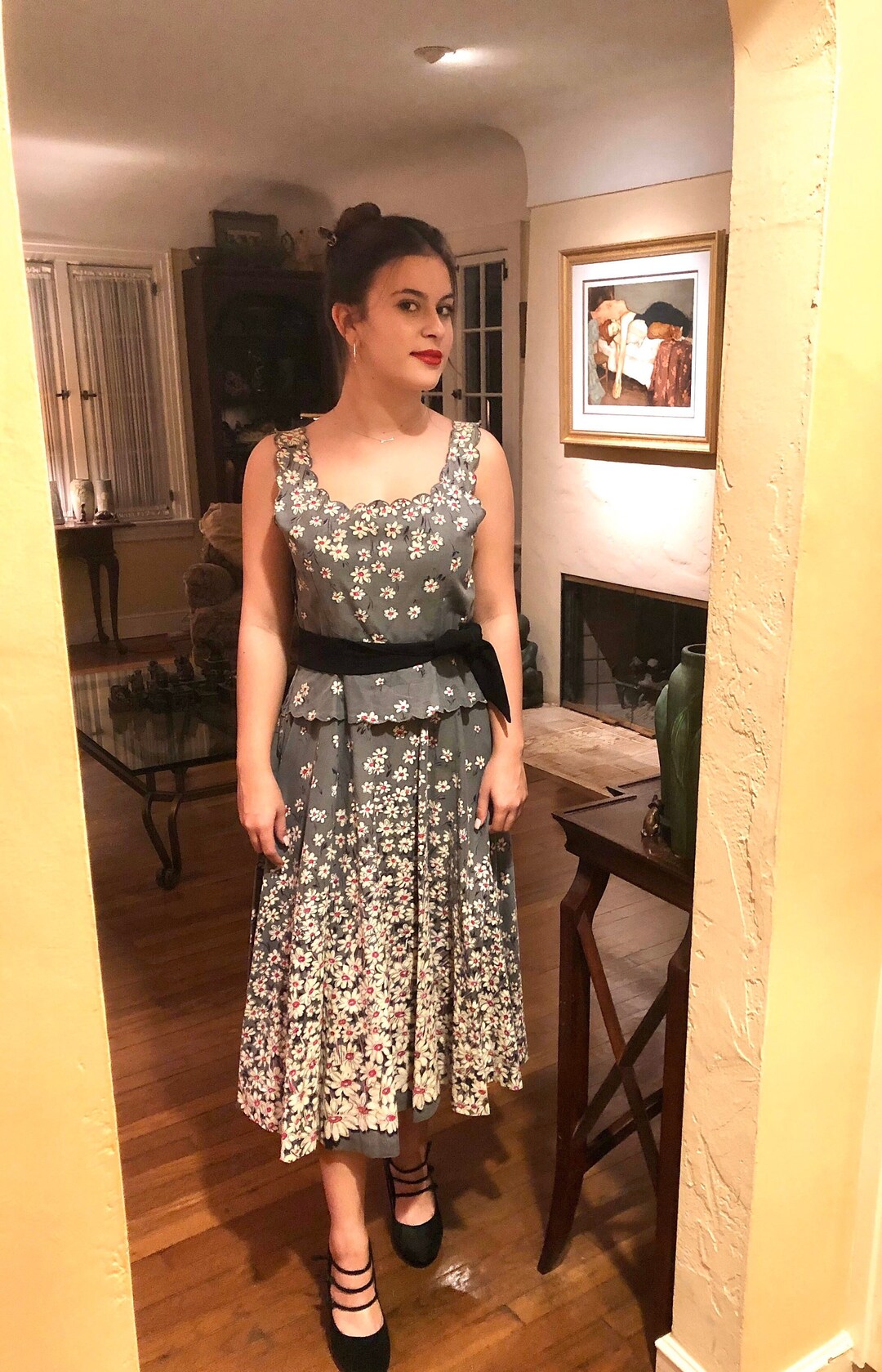 Gorgeous Original 1950's A-line Dress With Peplum • Floral Border Print ...