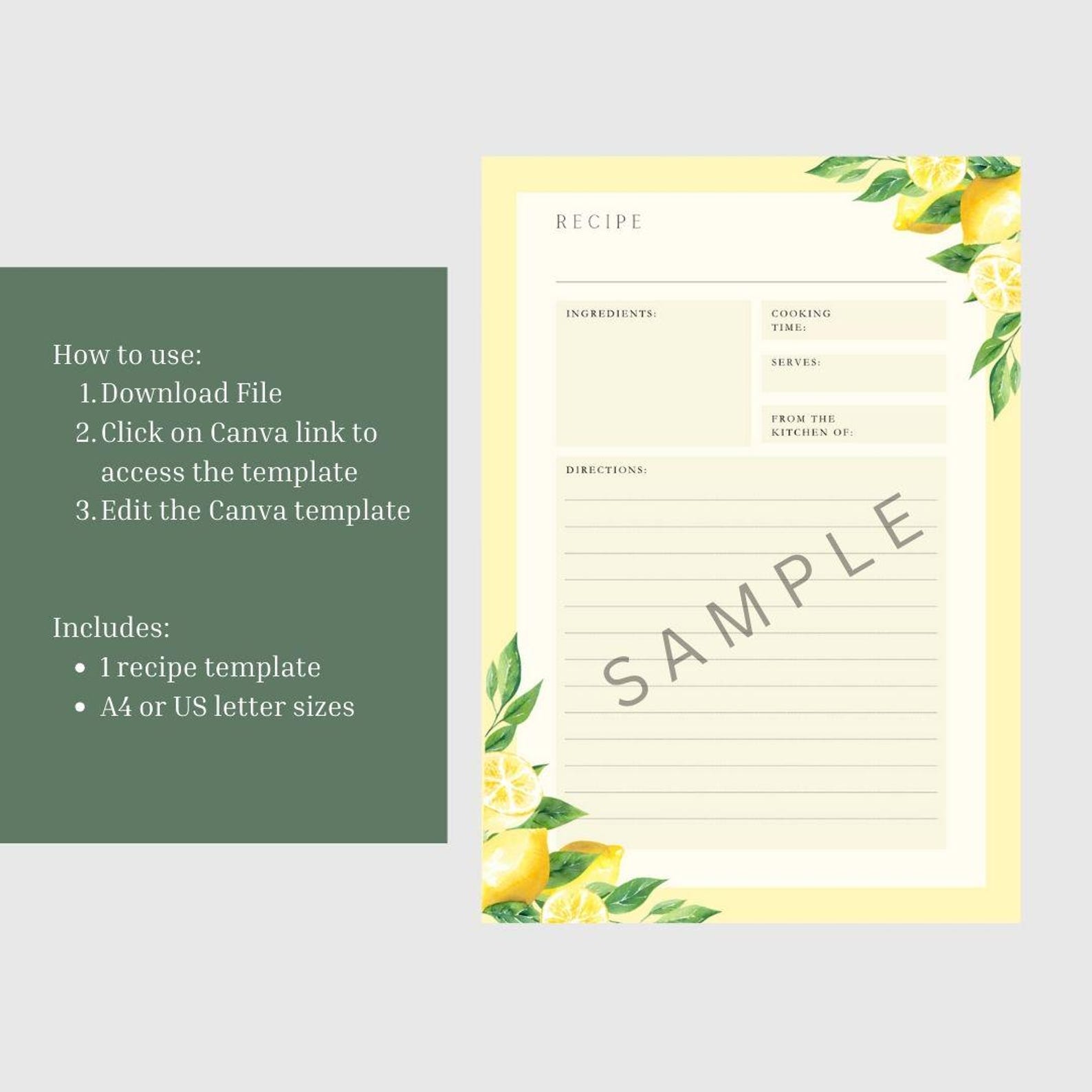 Lemon Recipe Card Template | Editable and Printable | A4/US Letter ...