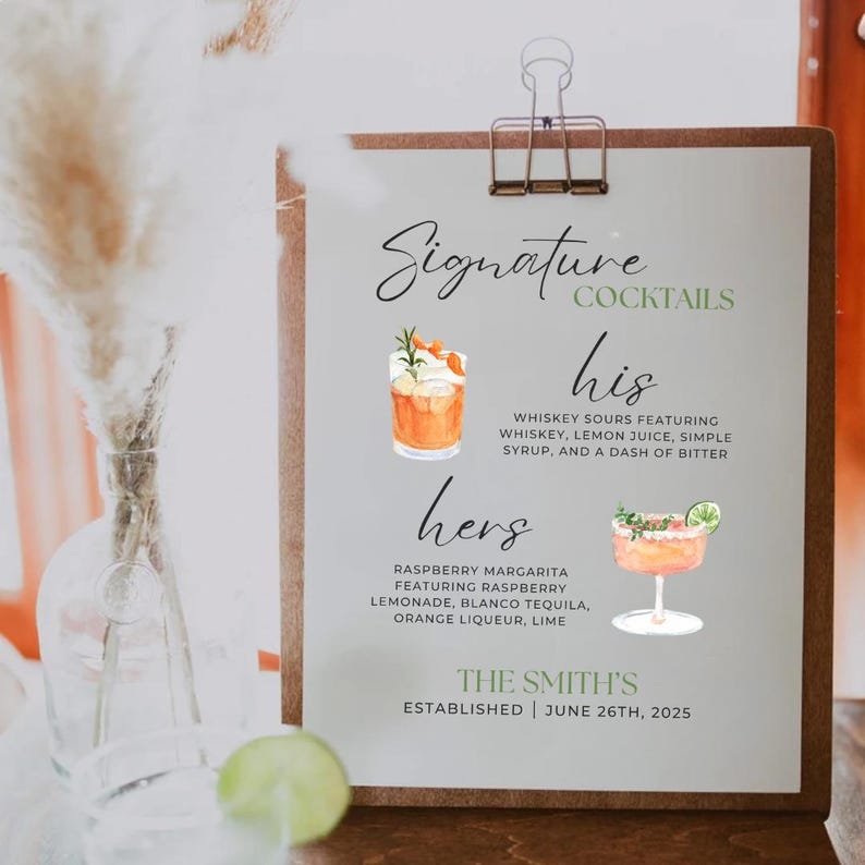 Editable and Printable Signature Drink Cocktail Bar Menu, Wedding Event ...