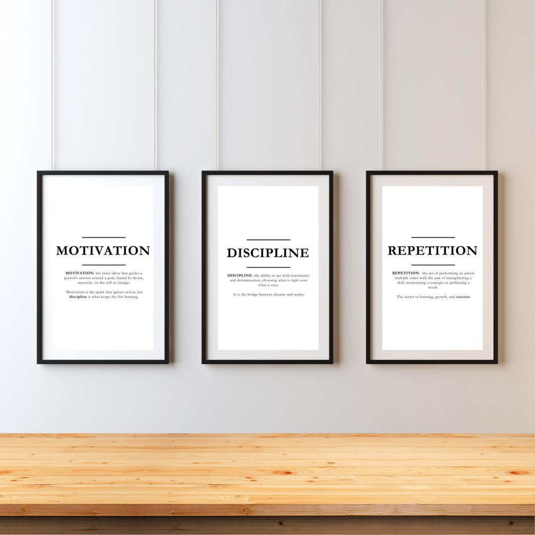 Motivation Discipline Repetition Print, Mens Office Triptych Wall Art ...