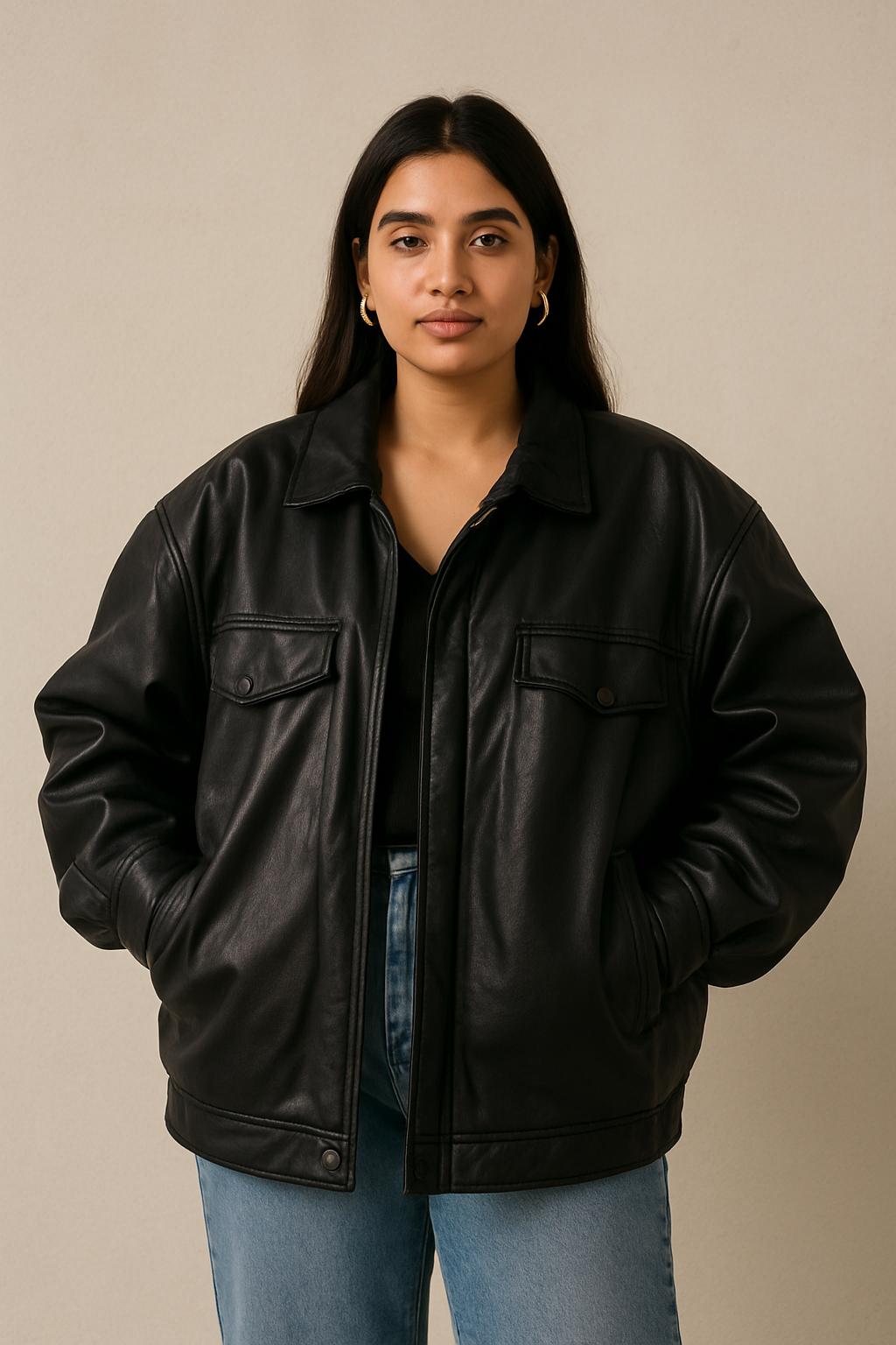 90s Oversize Vintage Style Women Leather Jacket Genuine Sheepskin ...