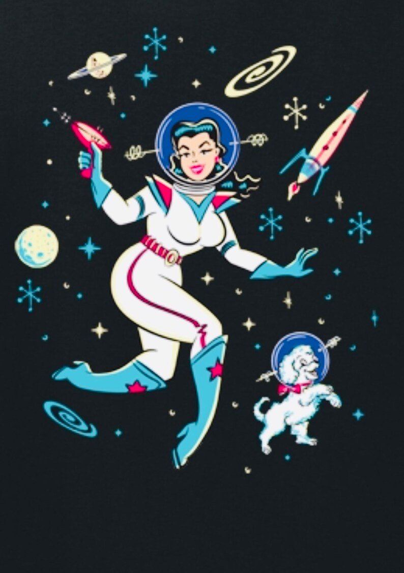 Vintage Style Space Pinup T-shirt Mid-century Atomic Retro Rocket Solar ...