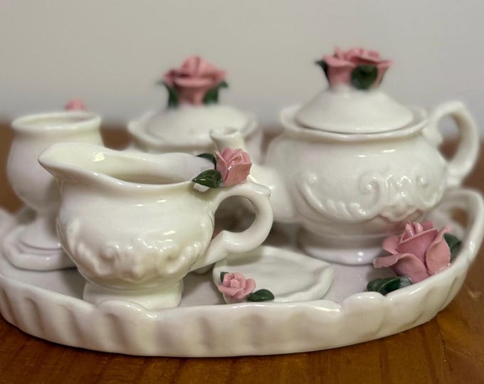Vintage Miniature 10-piece Porcelain Tea Set With Pink Rosettes ...