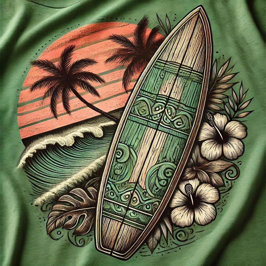 A Vintage Surfboard With Tropical Elements, Hand- Drawn in a Retro ...