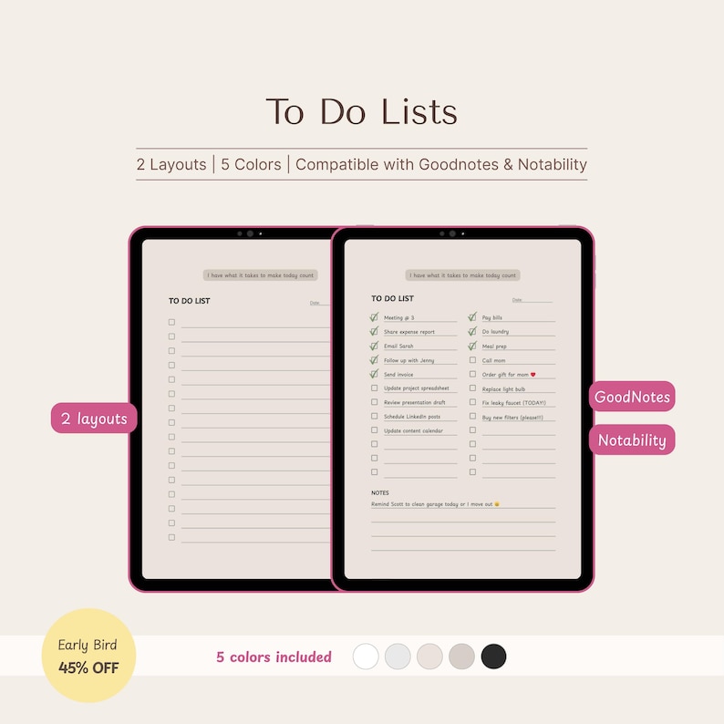 Minimalist To-do Lists for Goodnotes: 2 Layouts, 5 Colors (PDF Download ...