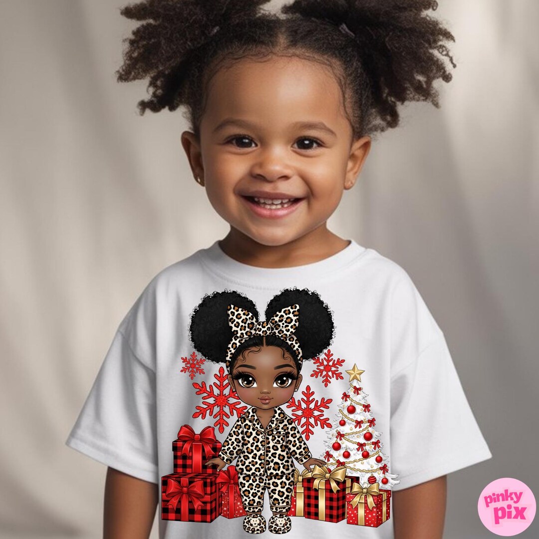 Black Kids Christmas PNG: Cute Black Girl Leopard Pajamas Sublimation ...