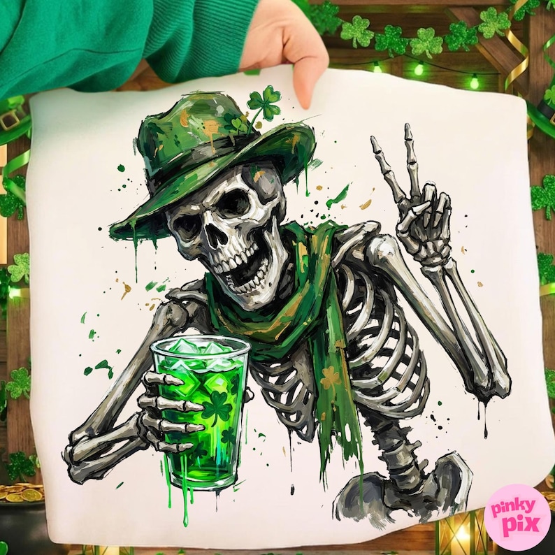 St Patrick’s Day Skeleton PNG, Brushstroke Drinking Skeleton Shamrock ...
