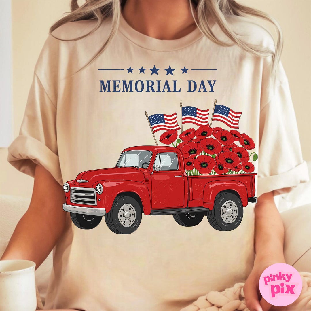 Memorial Day Truck PNG, Vintage Red Truck With Flags Clipart, Poppy ...