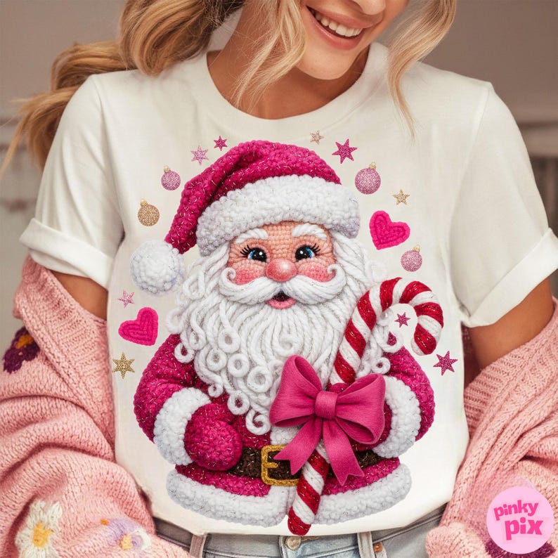 Faux Yarn Christmas PNG Bundle: Pink Girly Santa, Nutcracker and Tree ...
