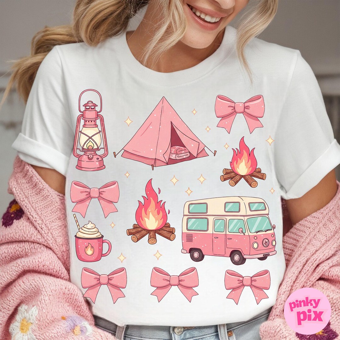 Pink Camping PNG – Cute Camper Van, Tent, Fire & Bows, Girly Summer ...