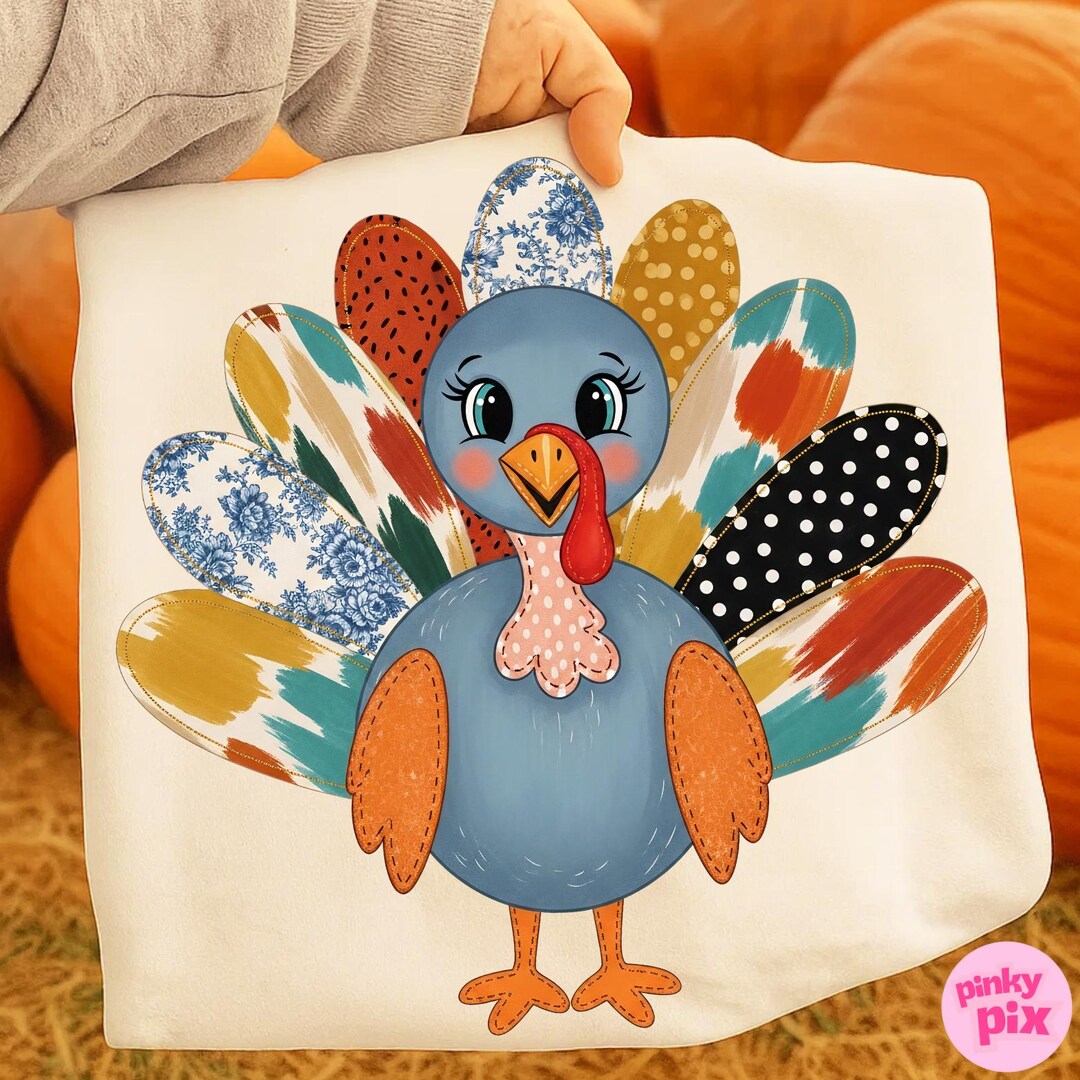 Patchwork Thanksgiving Turkey PNG: Blue Chinoiserie Brushstroke Fall ...