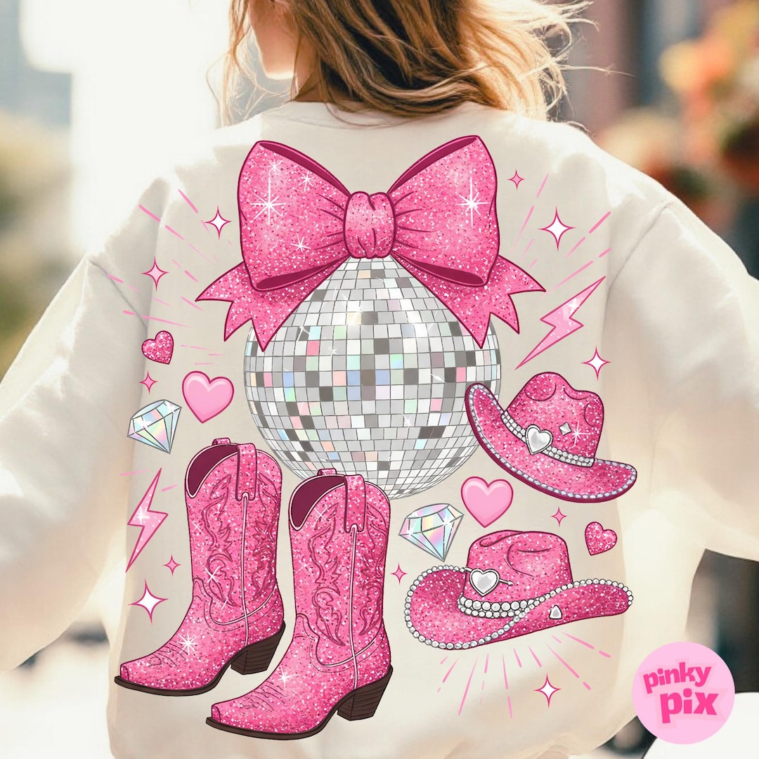 Pink Cowgirl Disco PNG – Glitter Boots Hat Bow Western Clipart, Sparkle ...