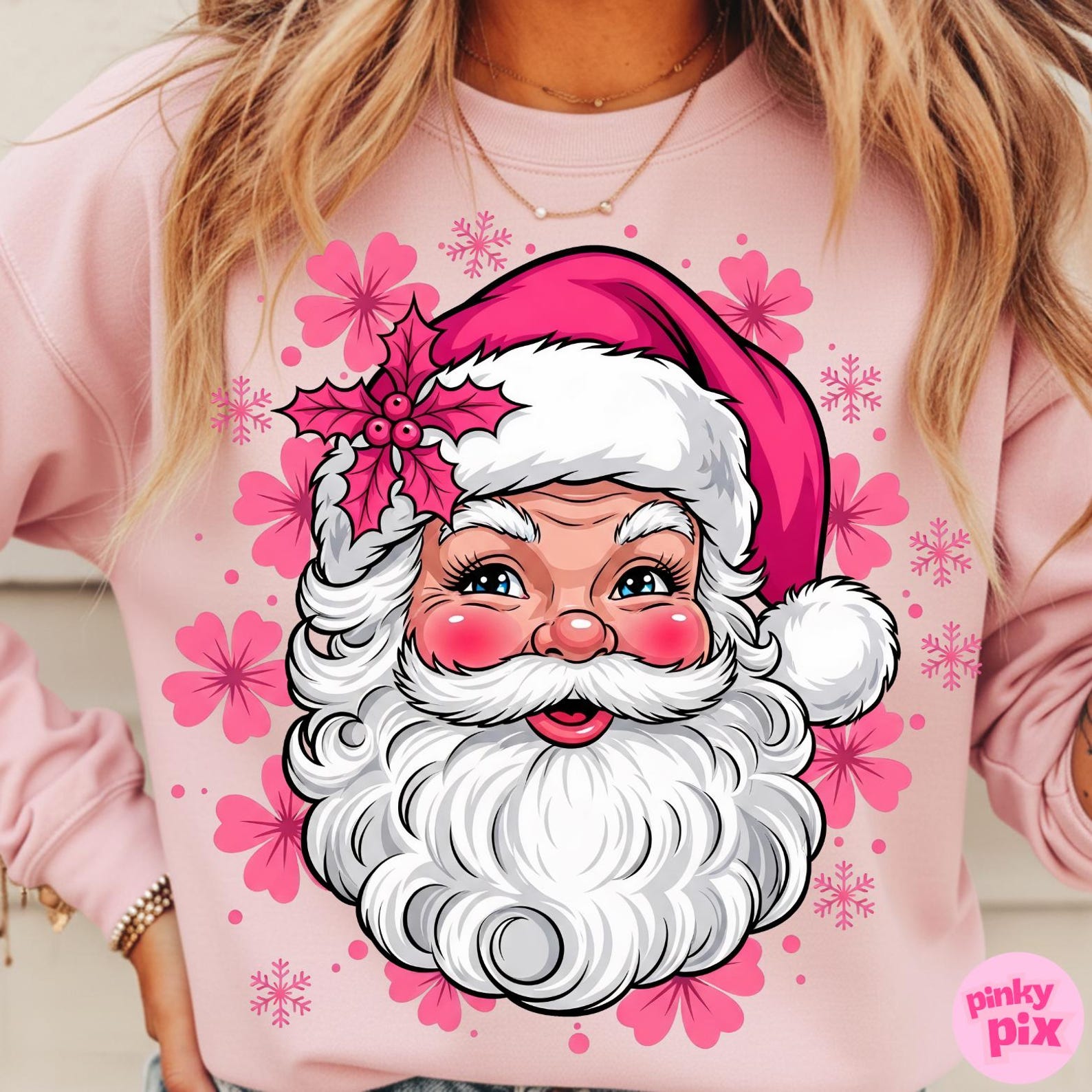 Pink Santa PNG: Preppy Floral Christmas Sublimation Design - Etsy