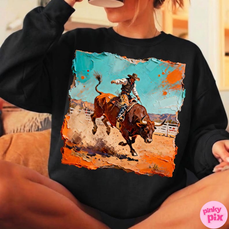 Rodeo Bull Rider PNG: Brushstroke Western Sublimation Design, Realistic ...