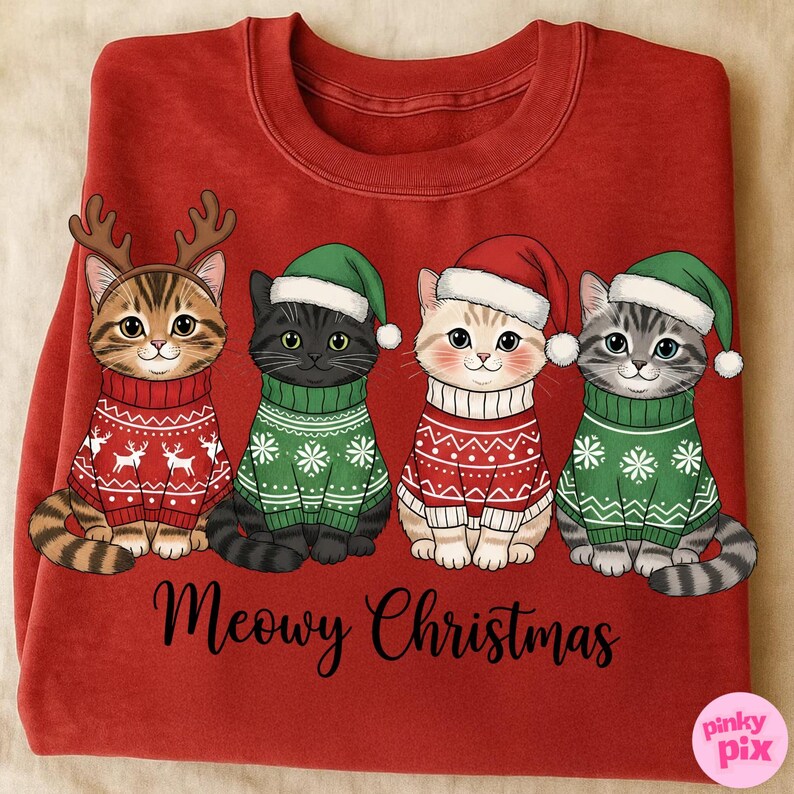 Meowy Christmas Cats PNG, Cute Kittens in Holiday Sweaters Sublimation ...