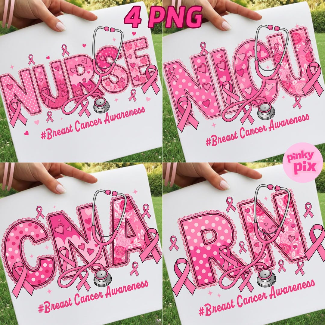 Nurse Breast Cancer Awareness Png Bundle: Pink Ribbon RN, CNA, NICU ...