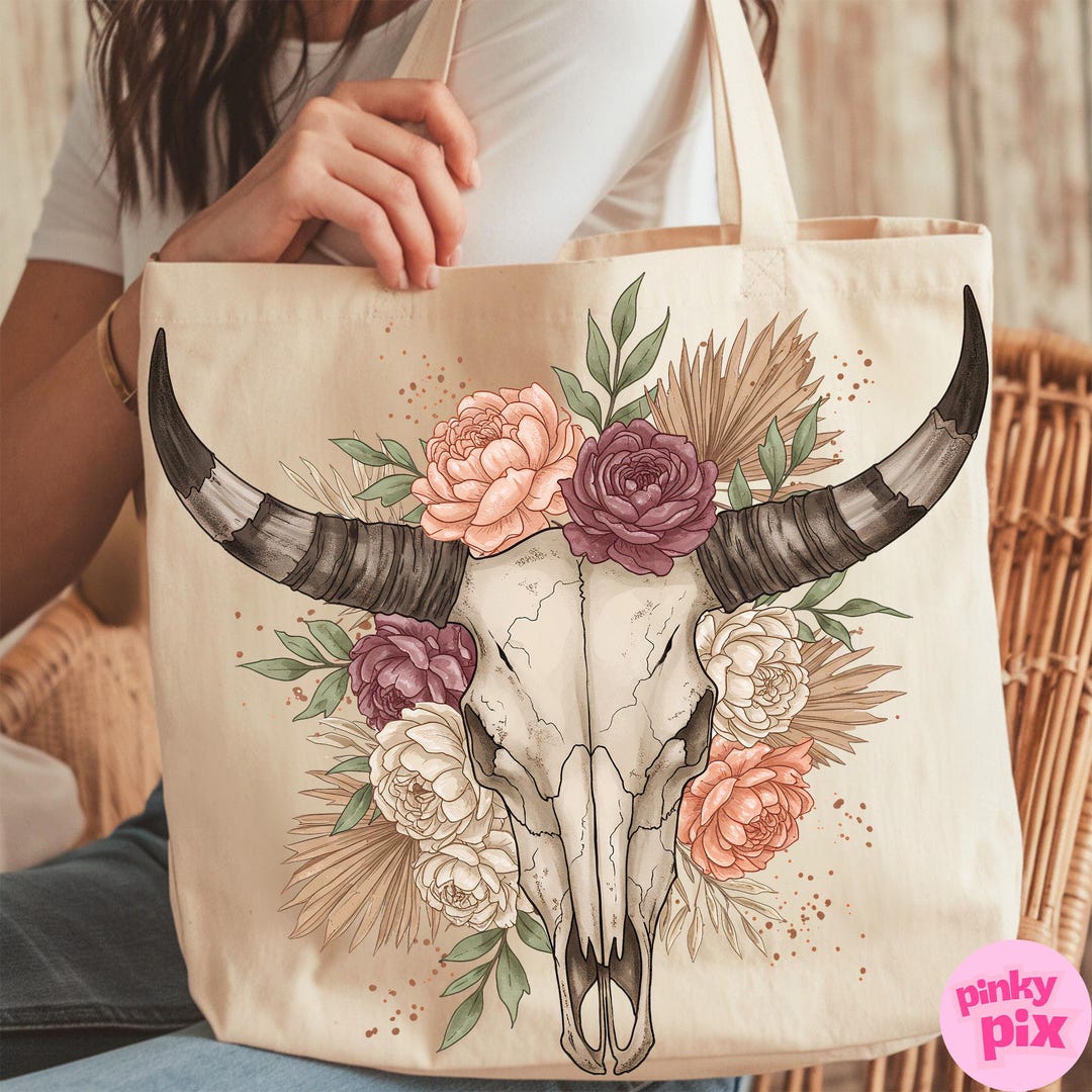Boho Floral Bull Skull PNG, Western Cowgirl Sublimation Design, Rustic ...
