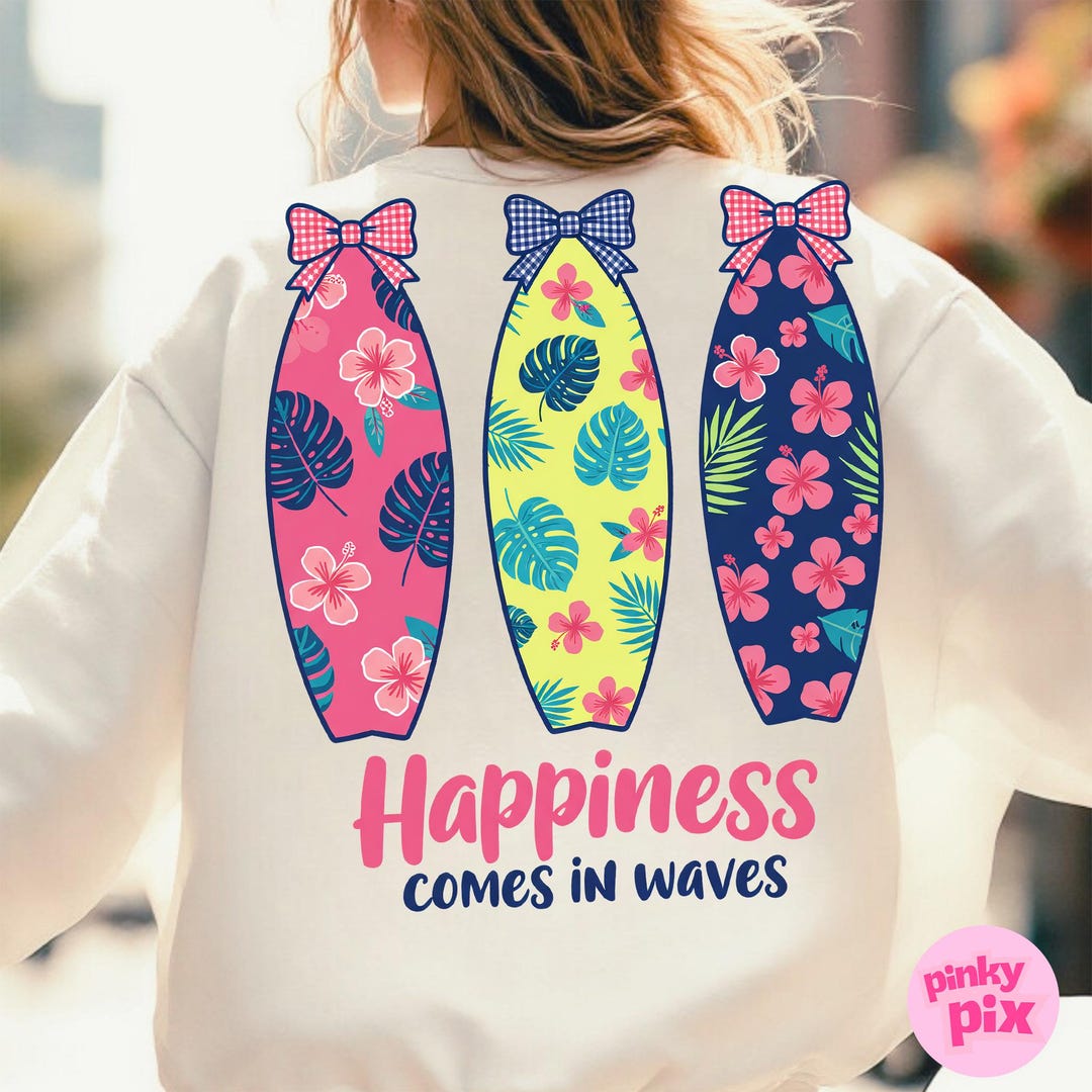 Tropical Surfboard PNG, Preppy Summer PNG, Happiness Comes in Waves ...
