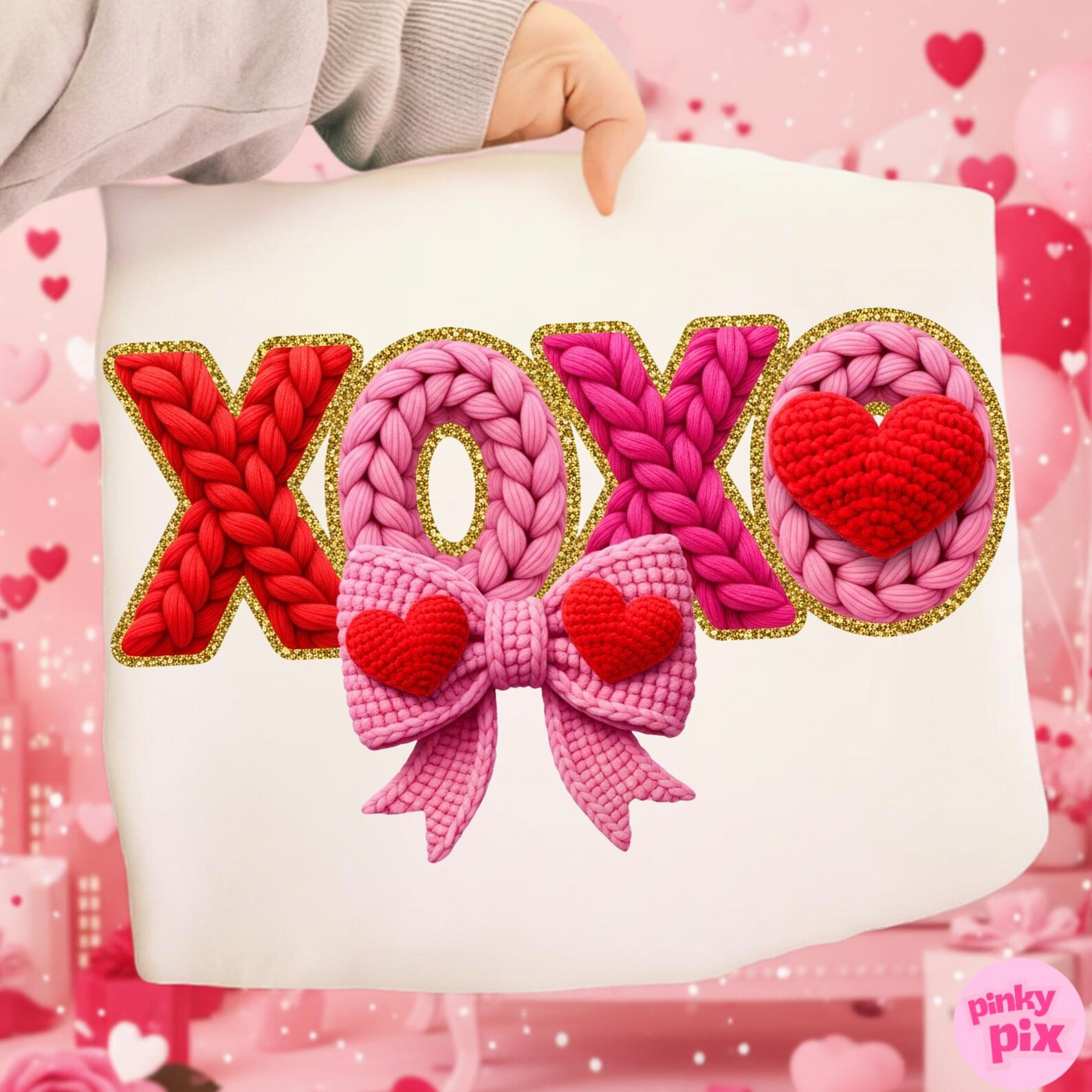Faux Yarn Xoxo Valentine PNG: Crochet Coquette Bow Sublimation Design ...