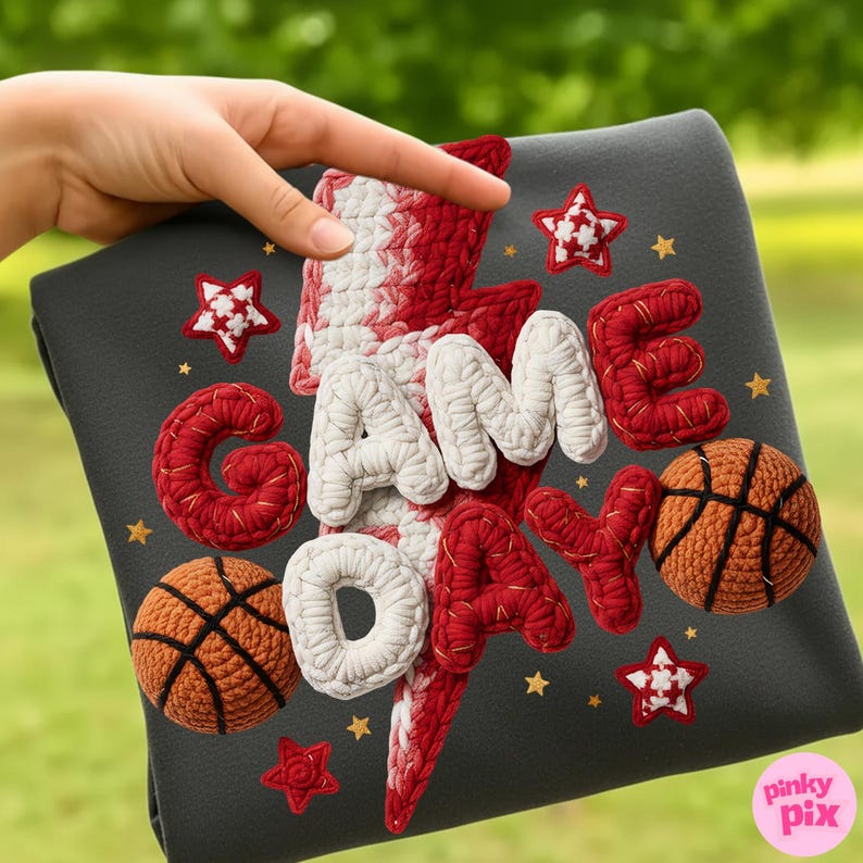 Faux Yarn Game Day Basketball PNG: Retro Crochet Red and White Sports ...