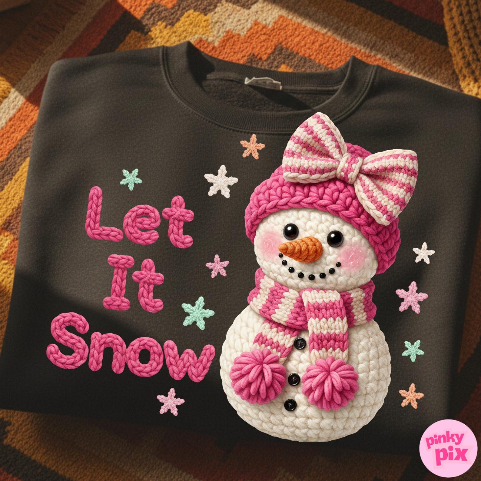 Let It Snow PNG: Faux Crochet Knitted Texture Pink Snowman Christmas ...