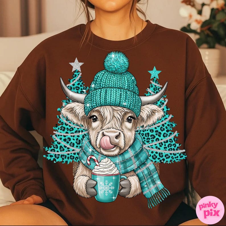 Teal Highland Cow PNG: Leopard Christmas Tree Sublimation Design - Etsy