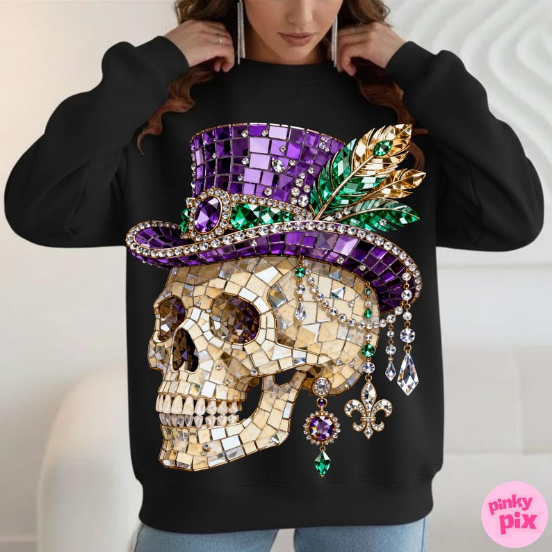 Mardi Gras Skull PNG, Rhinestone Mosaic Skull With Purple Hat Crystal ...