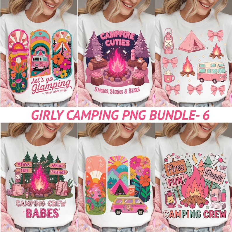 Camping Girls PNG Bundle, Glamping Pink Campfire Clipart, Cute Camp ...