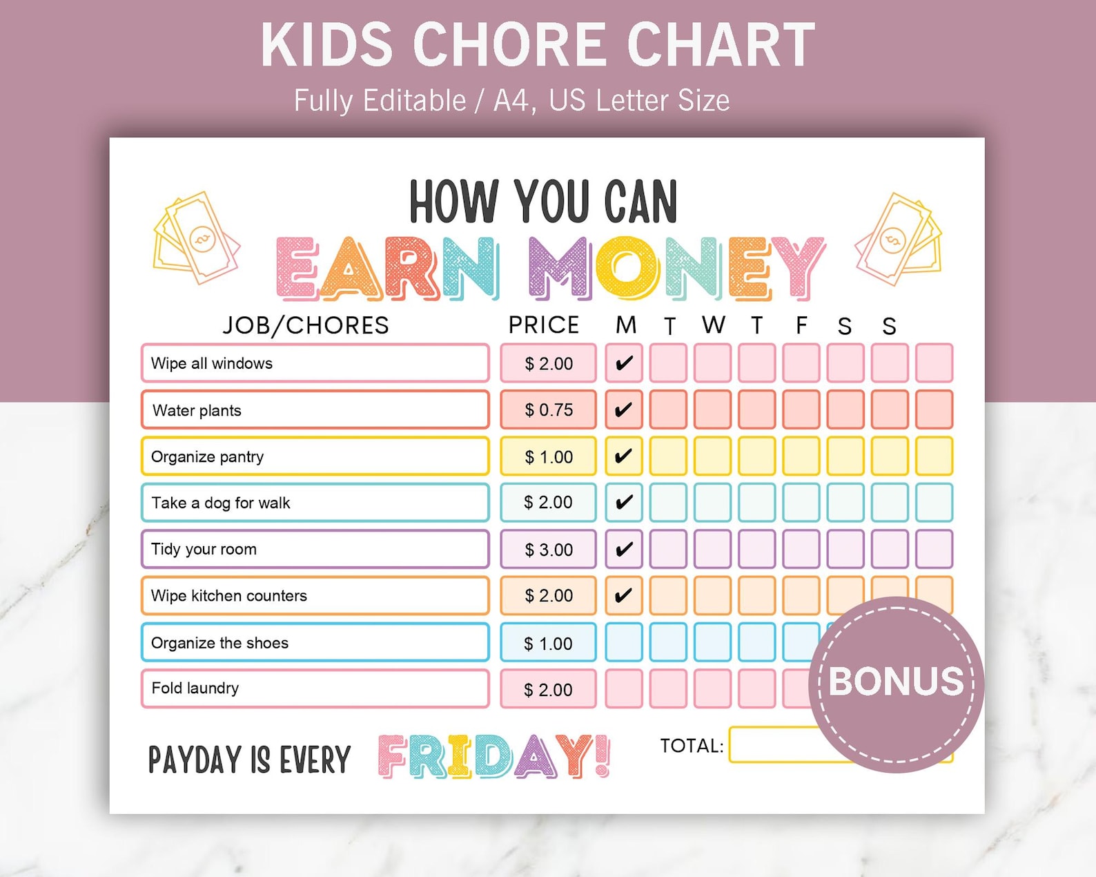 How to Earn Money Chore Chart, Printable Chore Chart for Kids, Editable ...