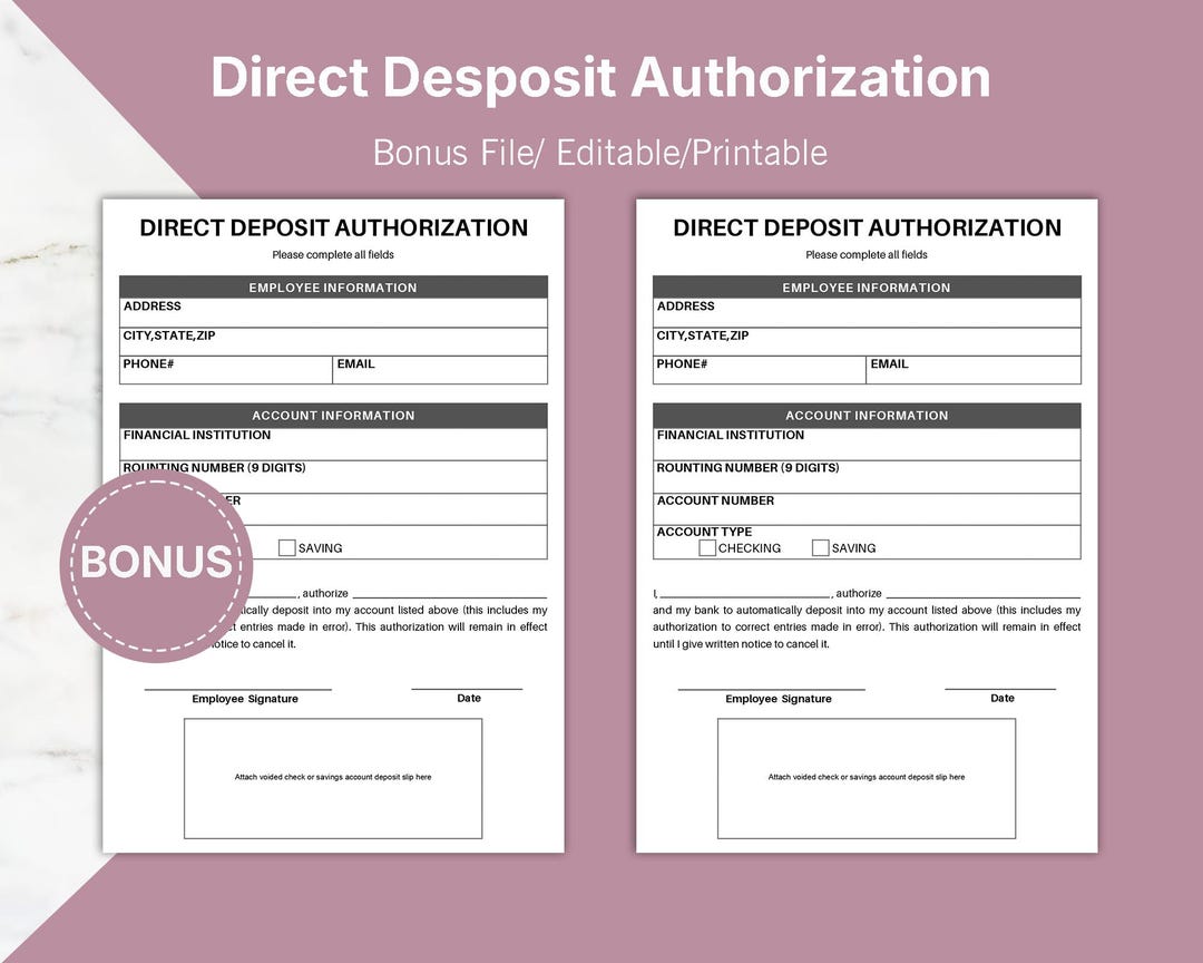 Direct Deposit Authorization Form: Editable PDF Template - Etsy
