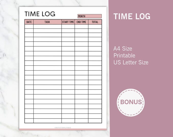 Work Log Printable - Time Spent Tracker - Time Log - Working Hours ...